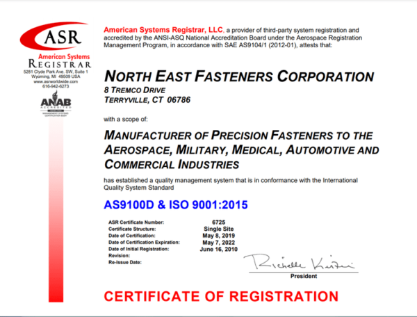 AS9100 Certificate – North East Fasteners